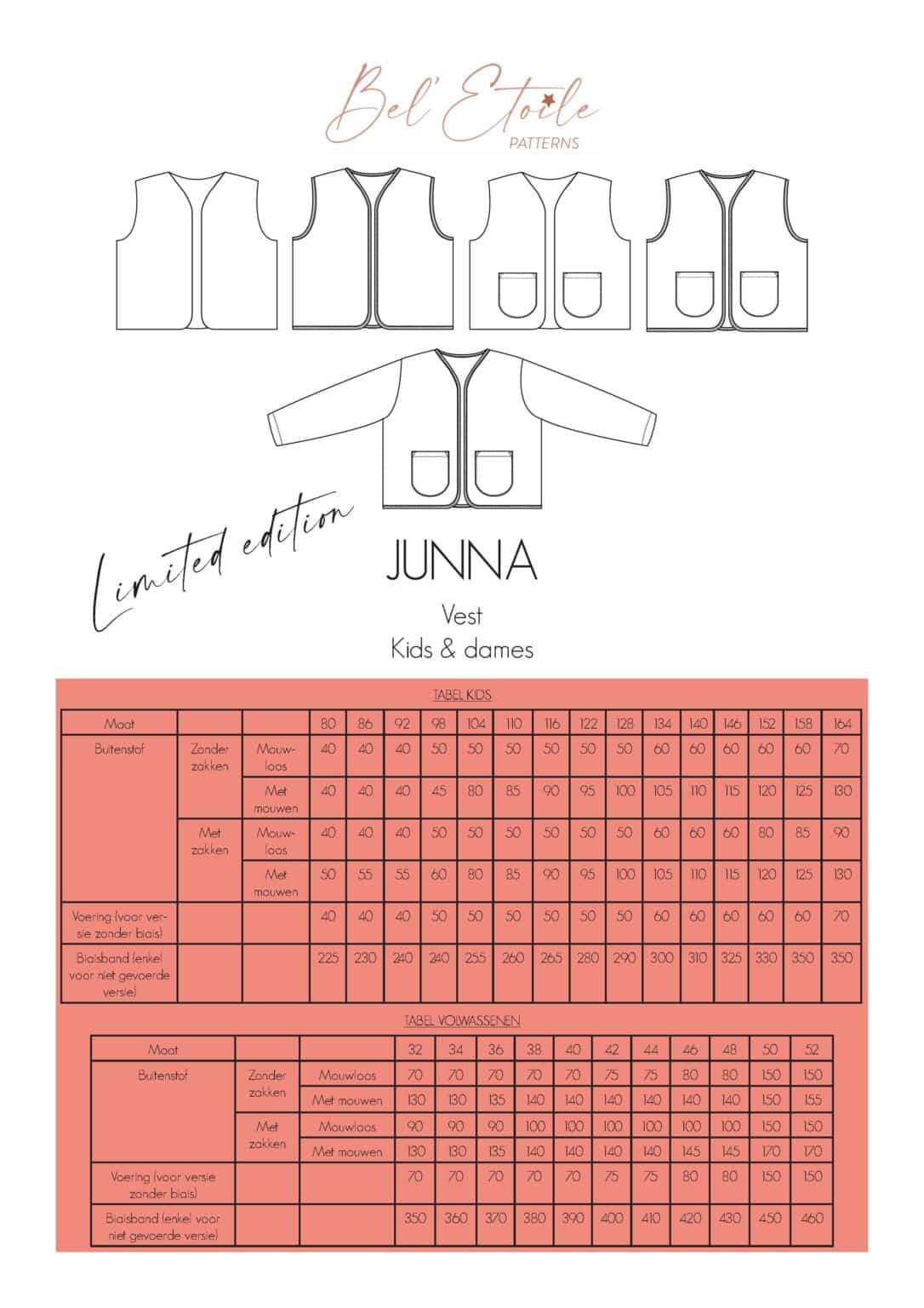 Bel'Etoile - Junna gilet/vest dames en kids (papieren patroon) | Van Schie Raamdecoratie en Stoffen